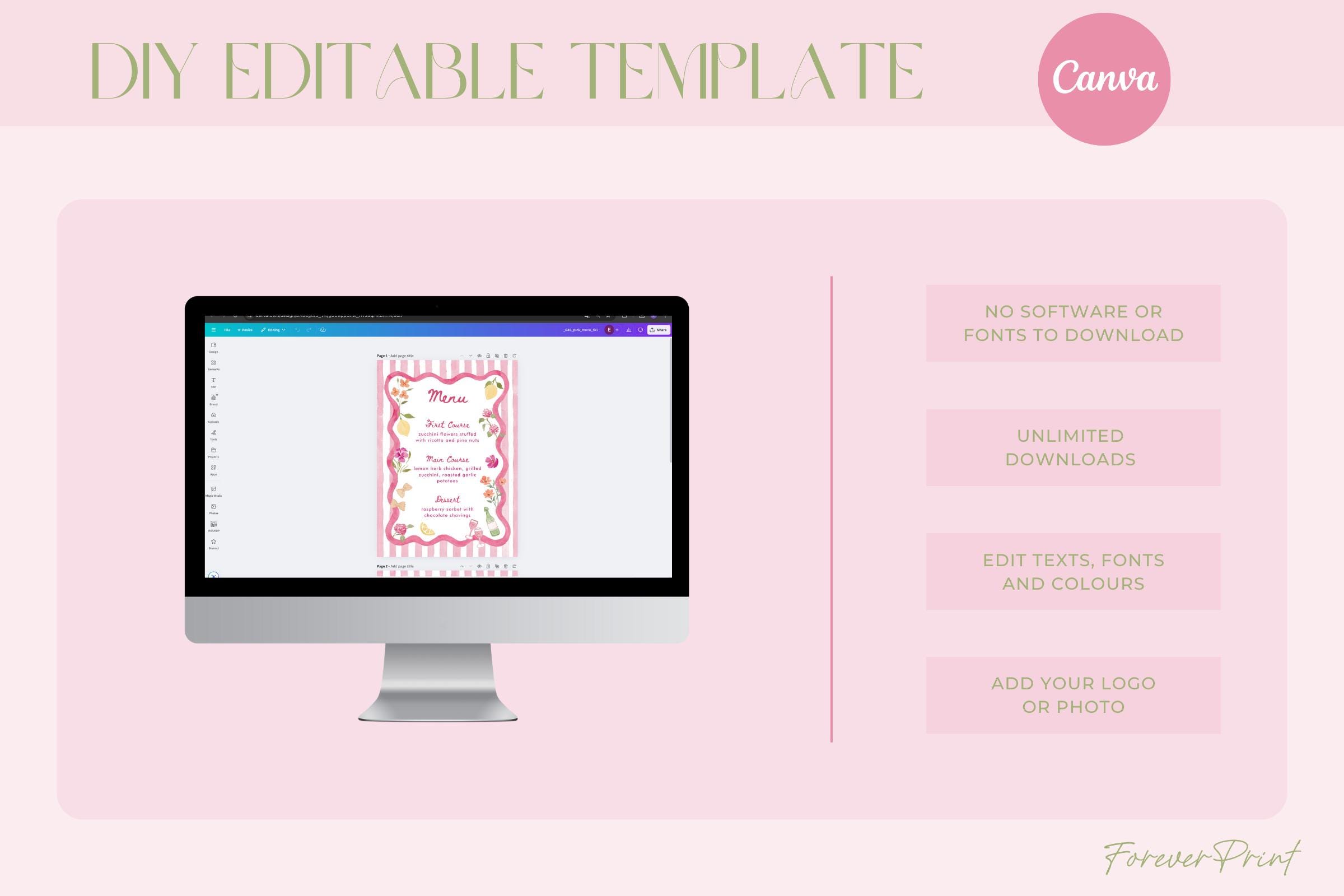 Whimsical Pink Striped Wedding Menu Template – Italian Lemon Garden ...