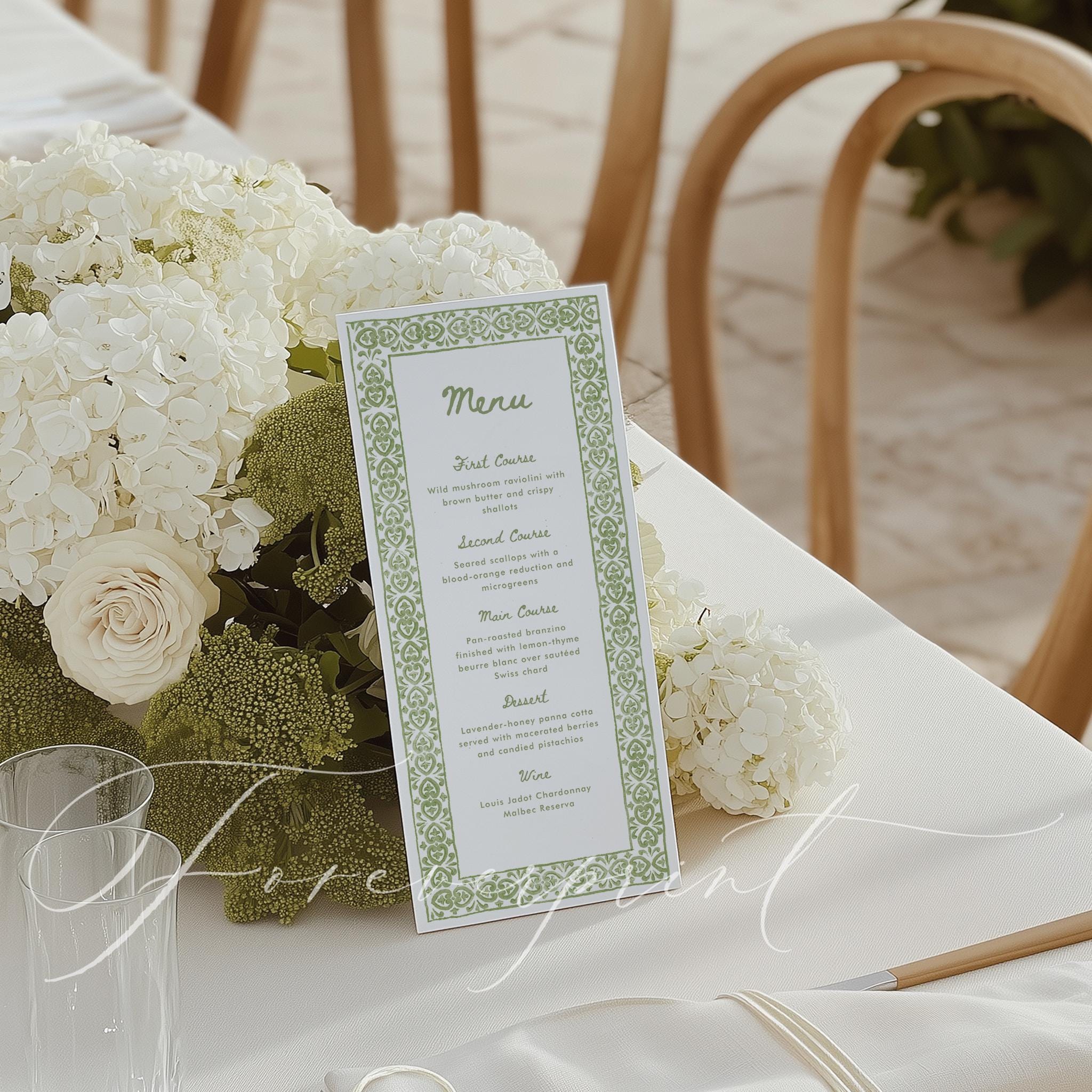 Green Watercolor Ornate Border Menu Template, Rustic Whimsical Wedding ...
