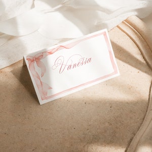 Pink Bow Place Cards, Bow Name Cards, Ribbon Border, Curvy, Whimsical ...