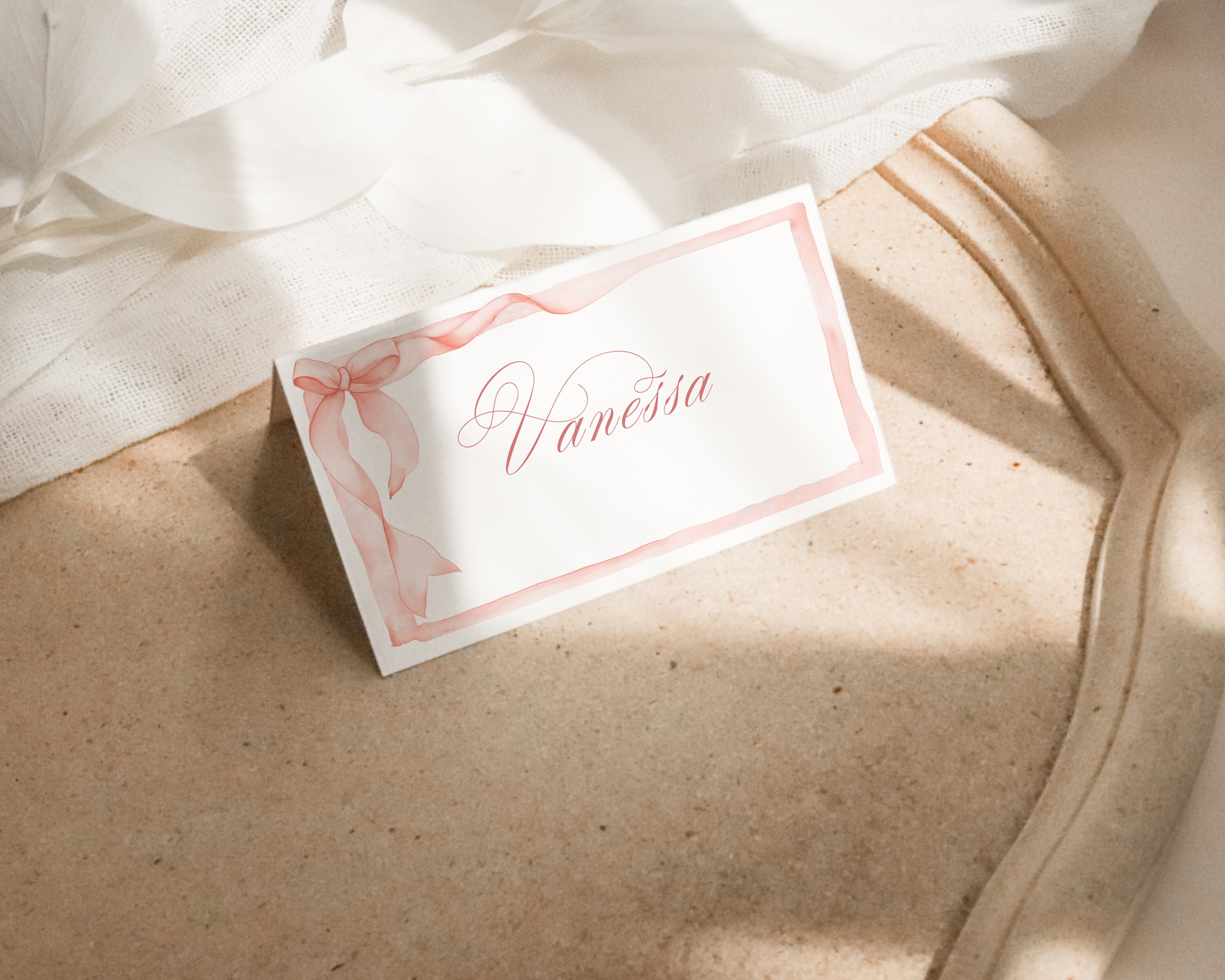 Pink Bow Place Cards, Bow Name Cards, Ribbon Border, Curvy, Whimsical ...