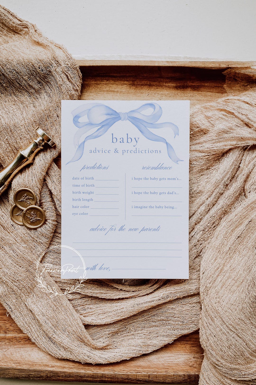 Blue Bow Baby Predictions Card | Baby Shower Games | Advice & Wishes ...