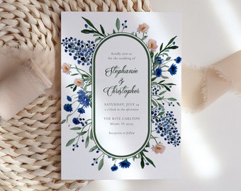 Floral Blue Wedding Invitation Template, Editable Wedding Invitation ...