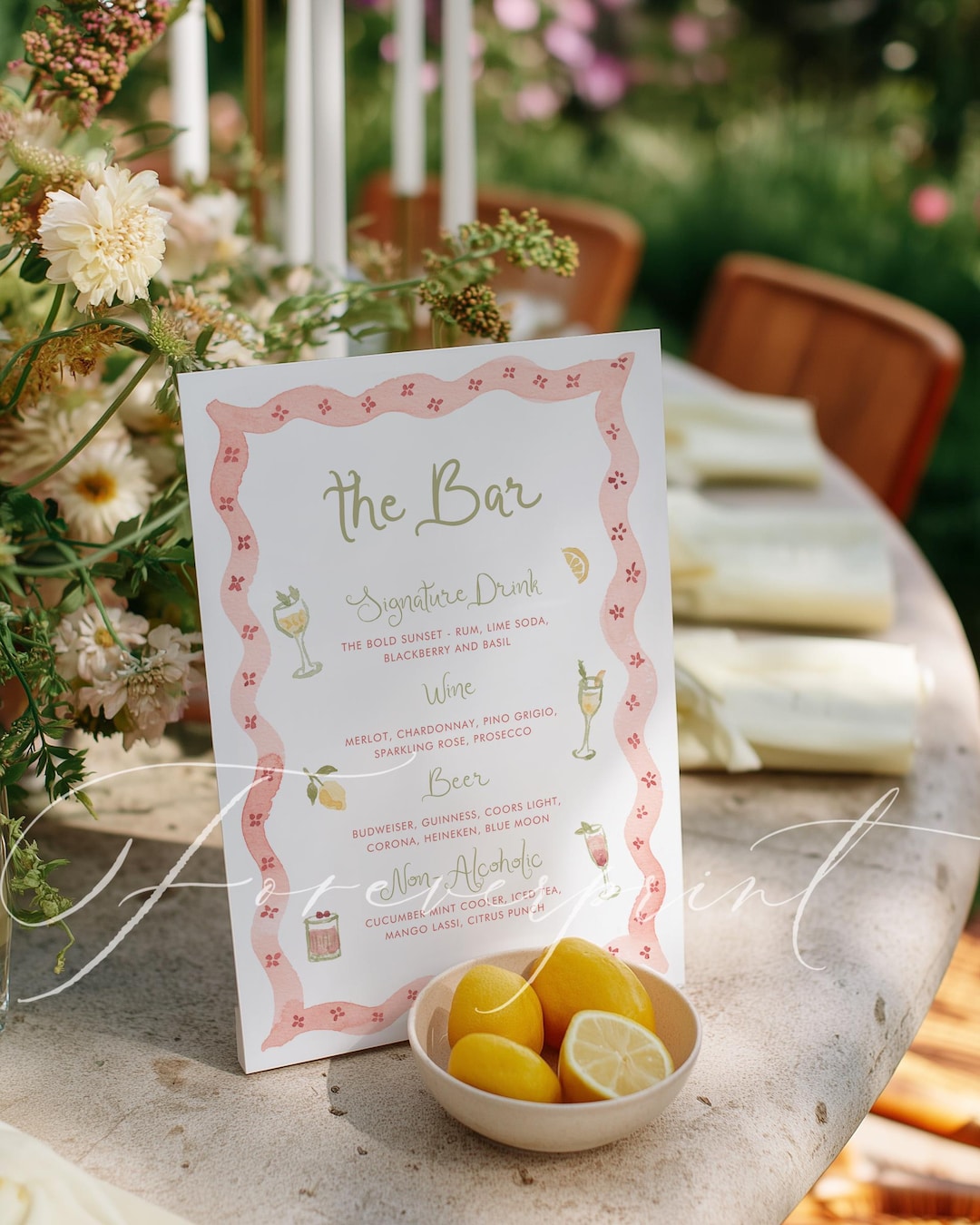 Blush Pink Whimsical Bar Menu Template, Peach Watercolor, Printable ...