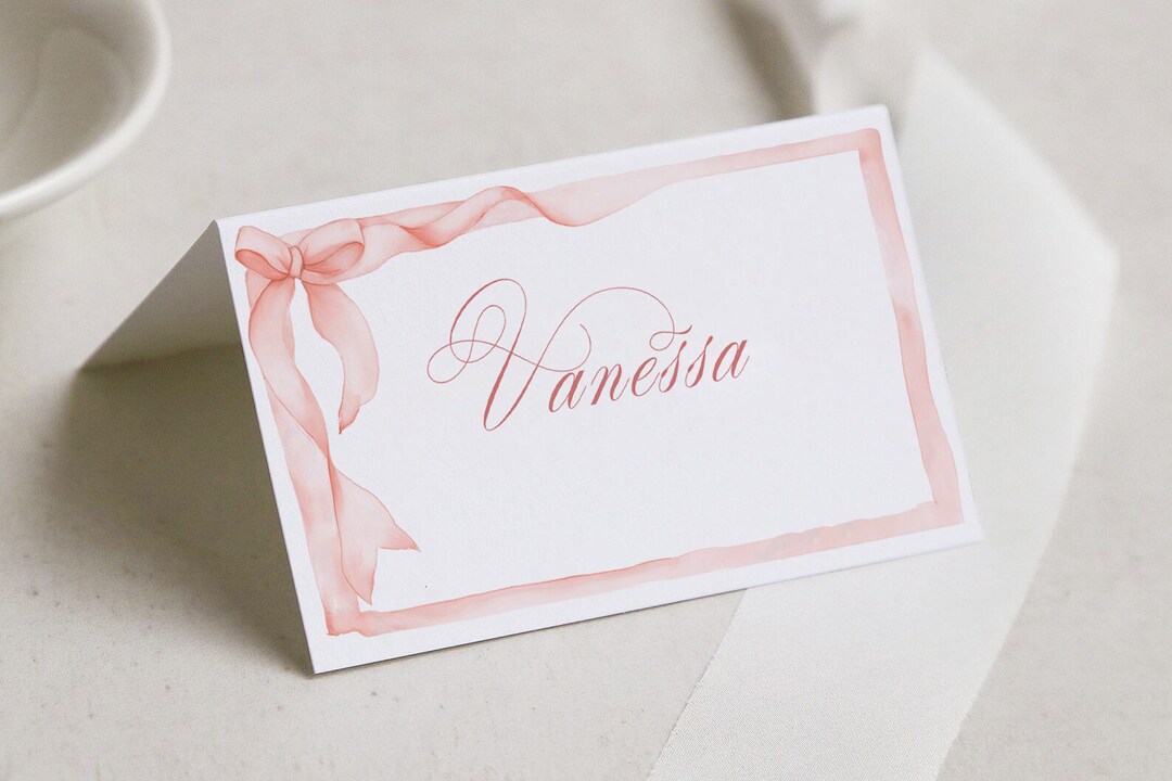 Pink Bow Place Cards, Bow Name Cards, Ribbon Border, Curvy, Whimsical ...