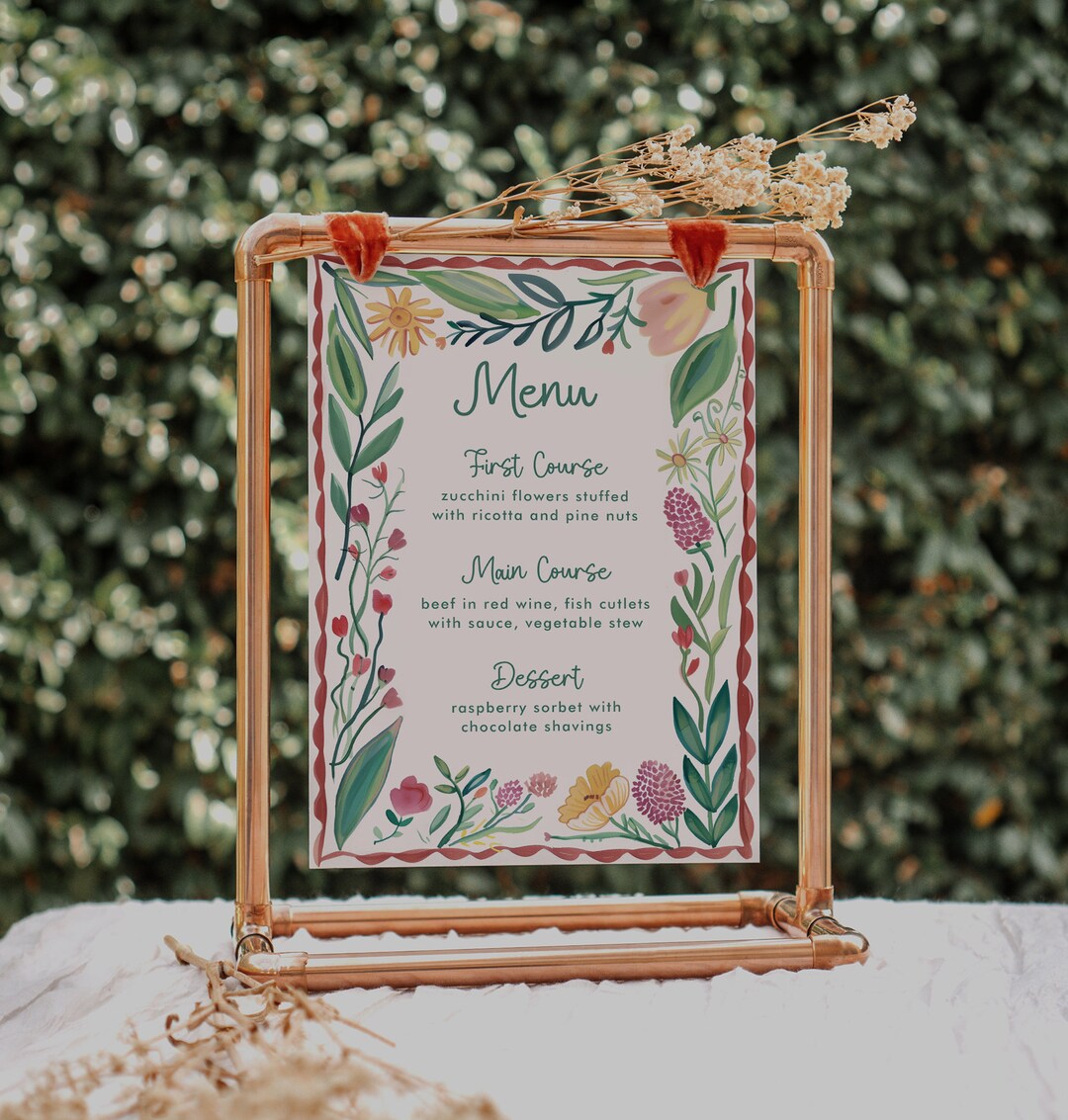 Floral Menu Template, Hand Drawn, Printable Dinner Menu, Editable ...