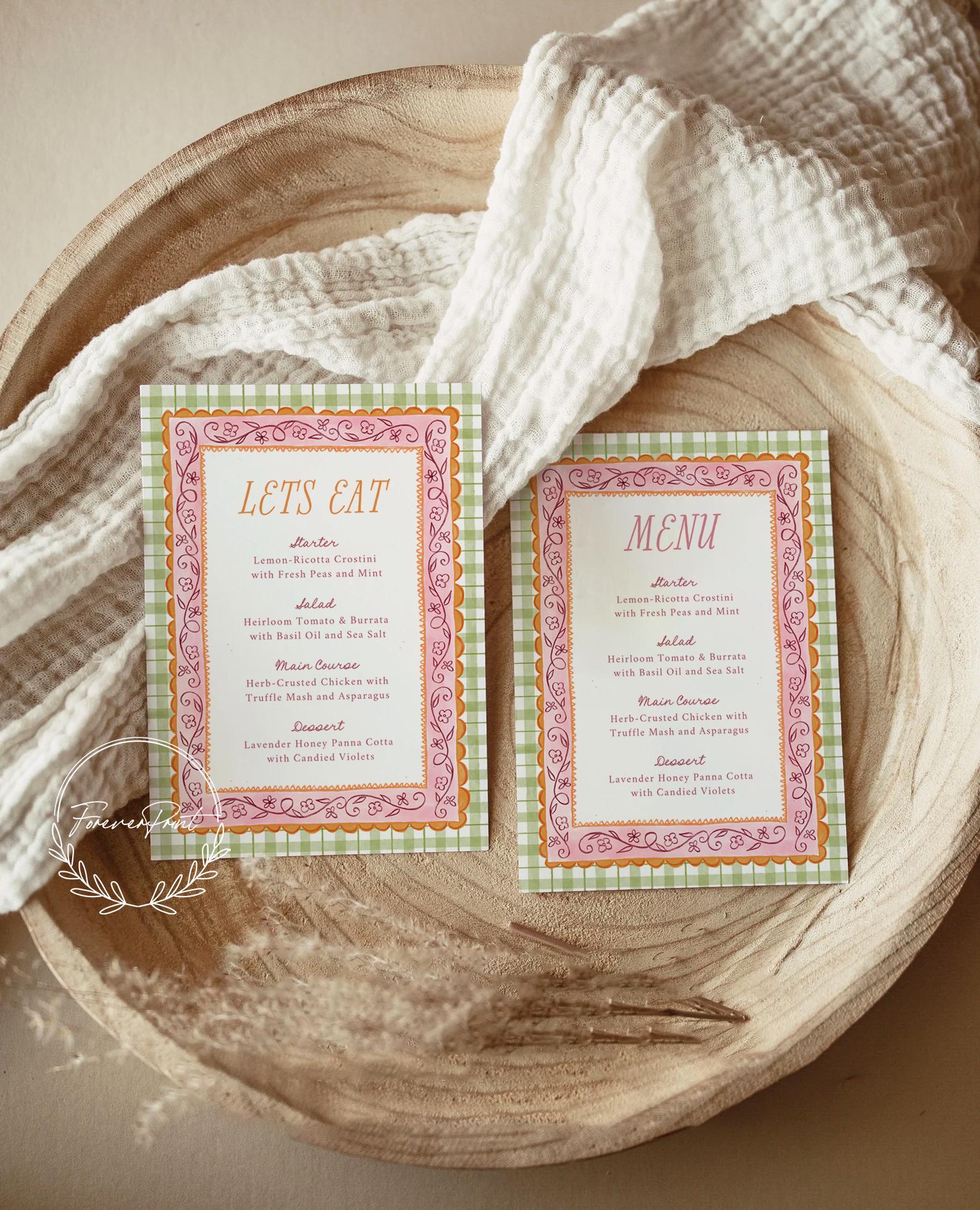 Pink & Green Watercolor Floral Border Menu Template, Gingham Wedding or ...