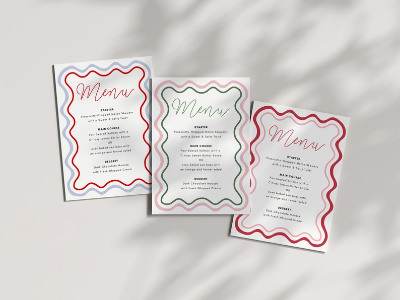 Wavy Menu and Place Card Template Hand Drawn Wedding/bridal - Etsy UK