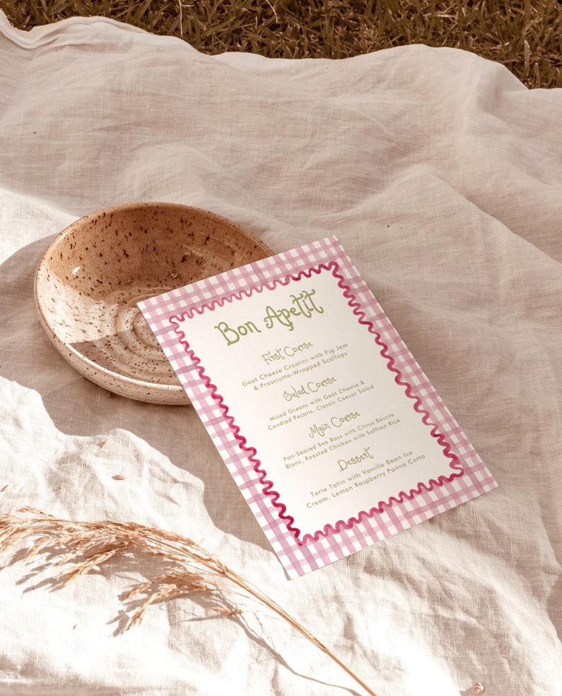 Watercolor Pink Gingham Menu Template, Rustic Boho Wedding or Bridal ...