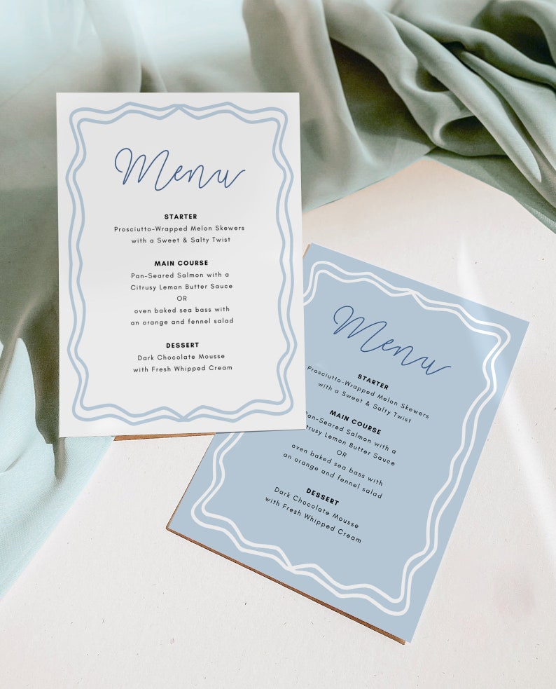 Blue Menu & Placecard Template, Blue Hand Painted Bridal Shower Menu ...