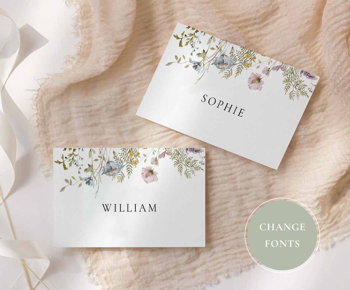 Vintage Wildflower Place Cards Template, Printable Place Cards, Wedding ...