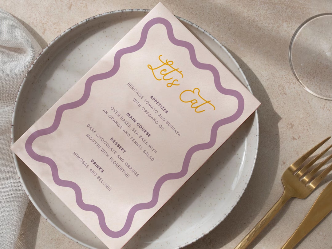 Wavy Menu Template, Hand Drawn, Wedding Bridal Shower Menu, Printable ...