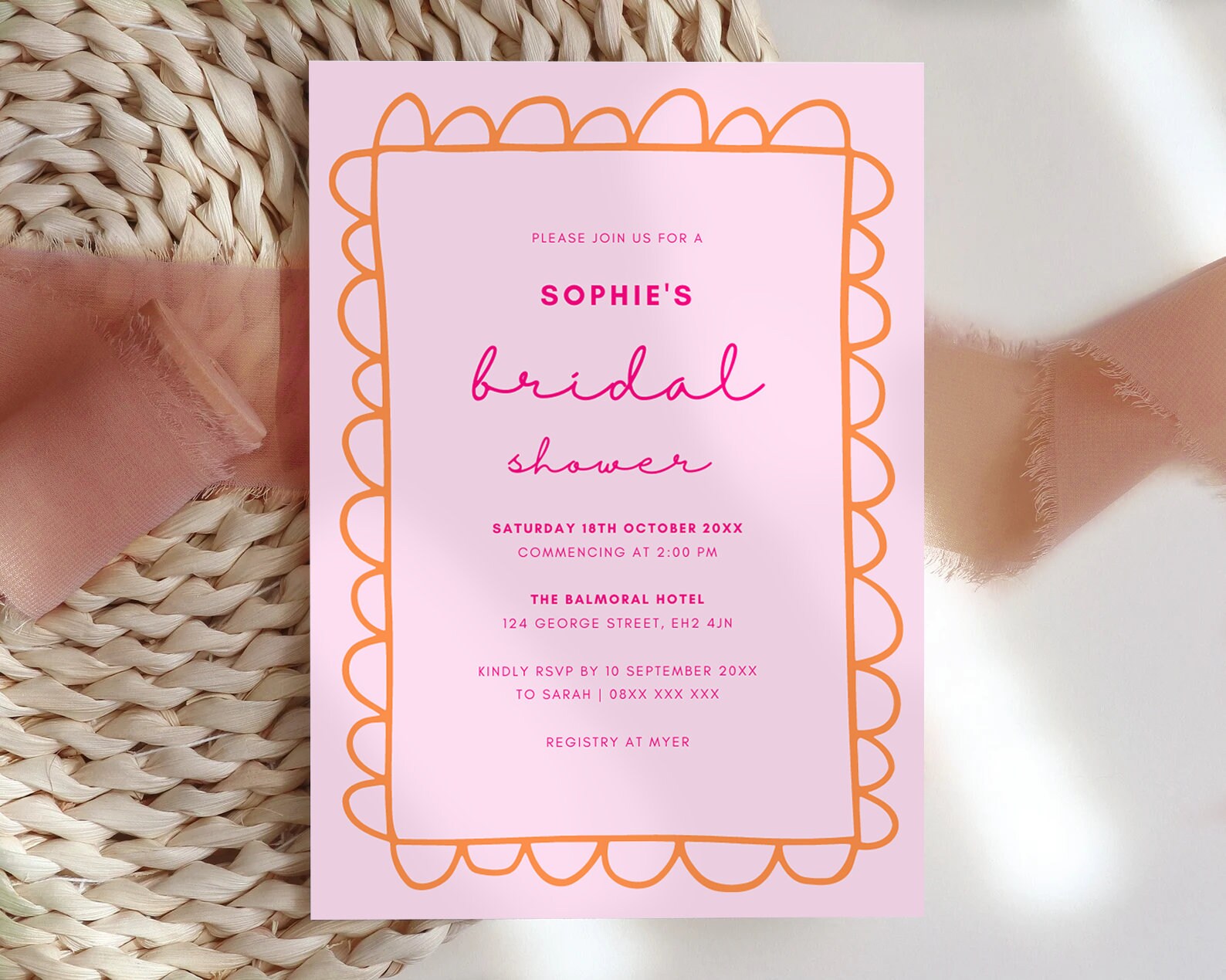 Wave Bridal Shower Invitation, Curve Modern Bridal Shower Invite, PINK Bridal Shower, Editable ...