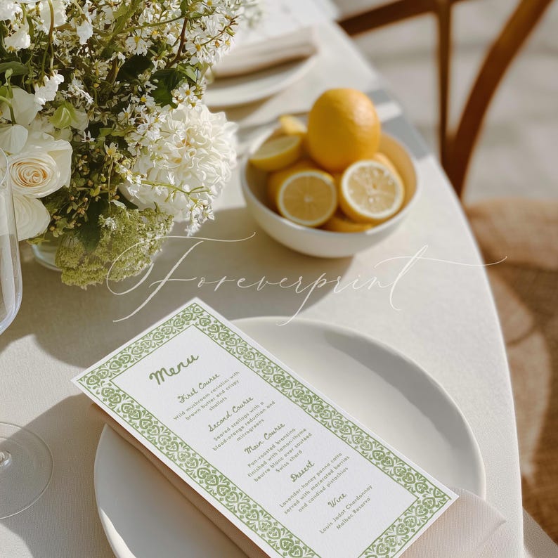 Green Watercolor Ornate Border Menu Template, Rustic Whimsical Wedding ...