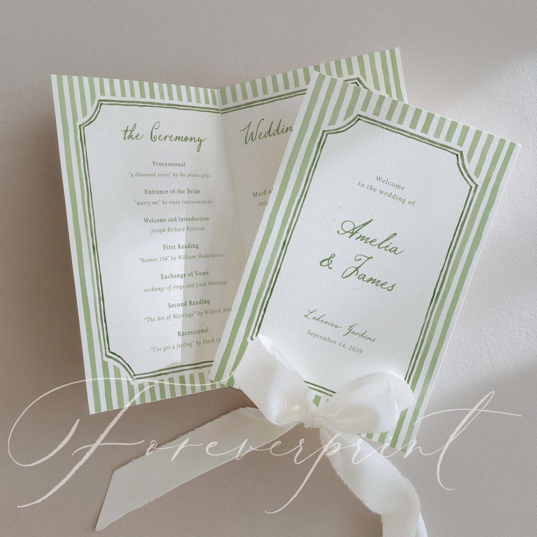 Green Striped Wedding Ceremony Program Booklet Template, Order of Service, Printable Wedding ...