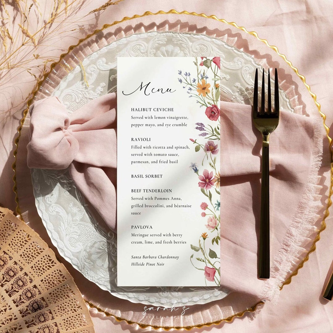 Wildflower Menu Template, Garden Party Bridal Shower Menu, Boho Flowers ...