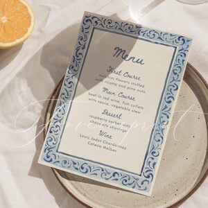 Blue Watercolor Floral Border Menu Template, Hand Drawn, Editable ...
