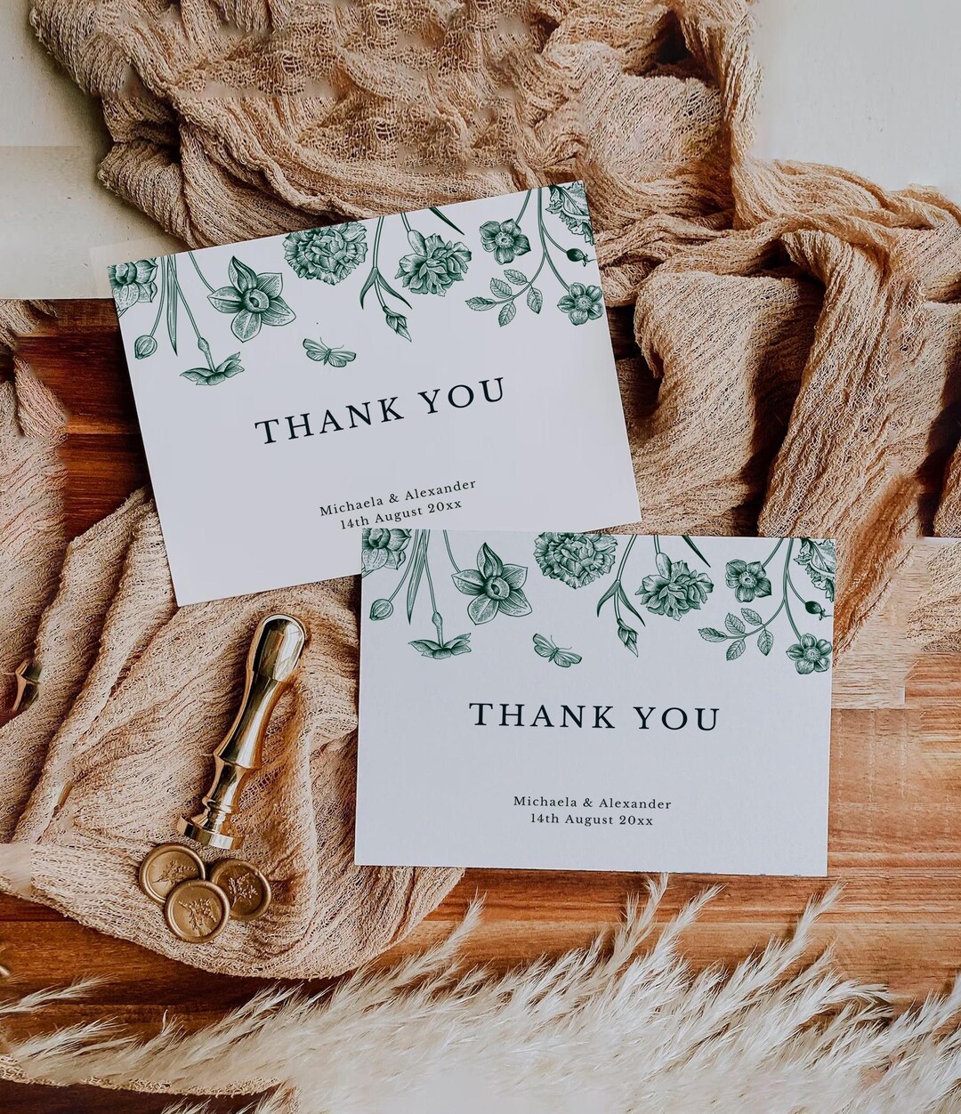 Green Floral Thank You Card Template, Editable Thank You Card ...