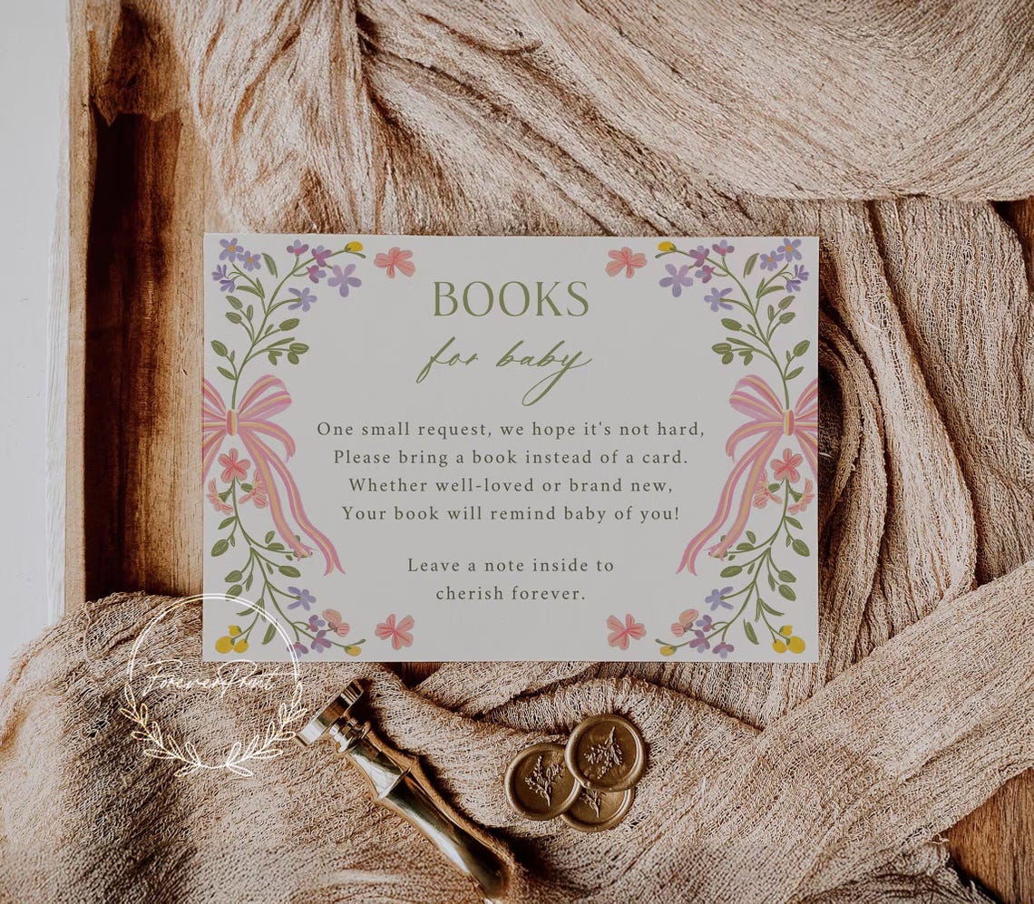 Books for Baby Card, Girl Baby Shower, Book Request Insert, Pink Floral ...