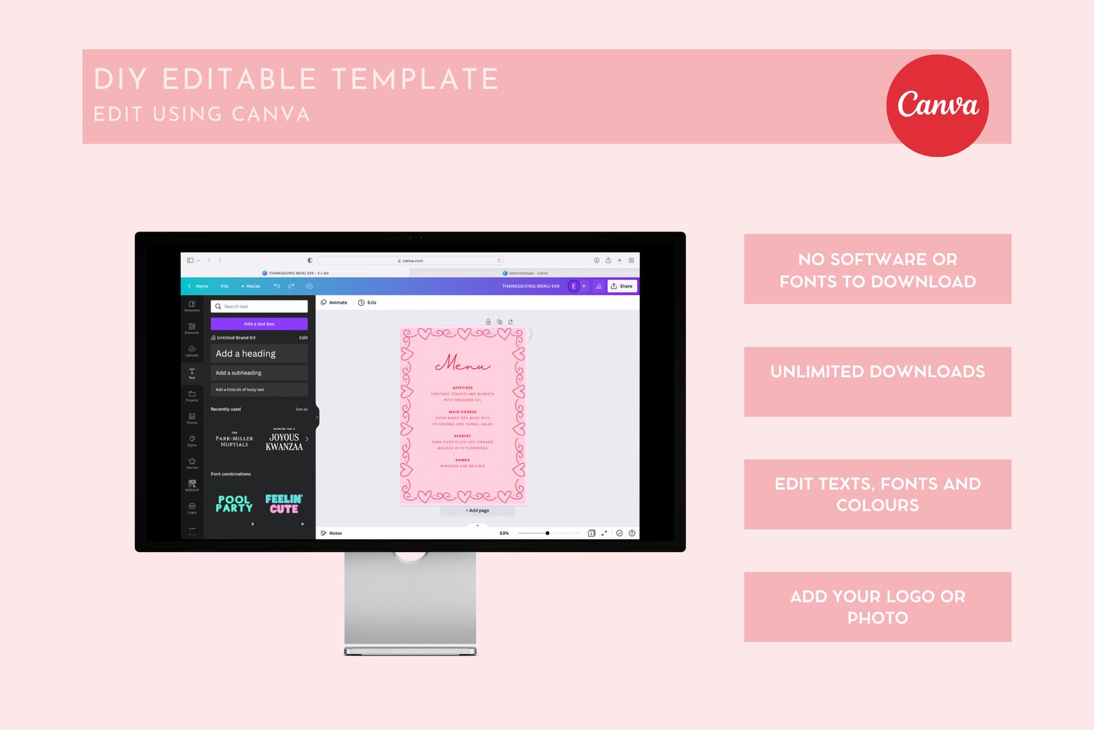 HEARTS Menu Editable Template, Printable Dinner Menu Card, Dinner Party ...