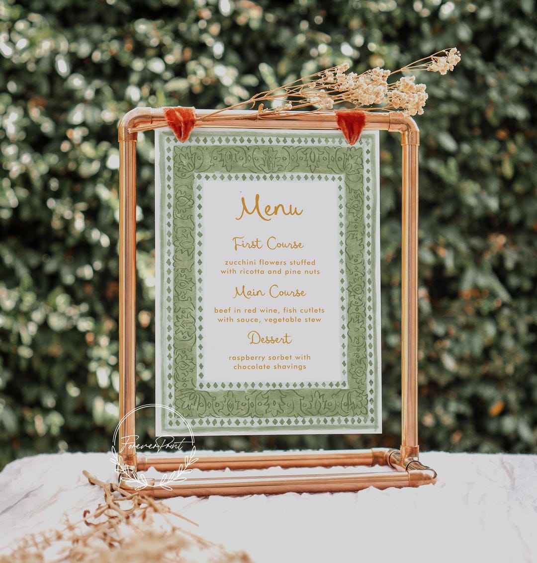 Green Watercolor Floral Border Menu Template, Rustic Boho Wedding or ...