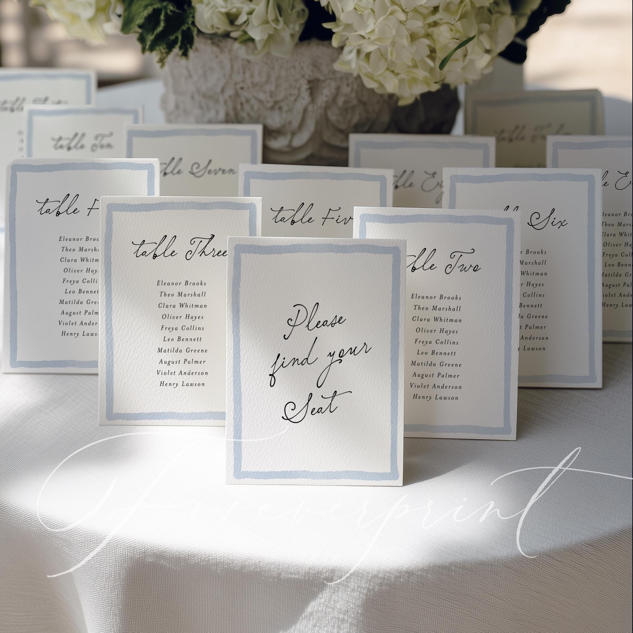 Editable Wedding Seating Cards With Blue Watercolor Border and Custom ...