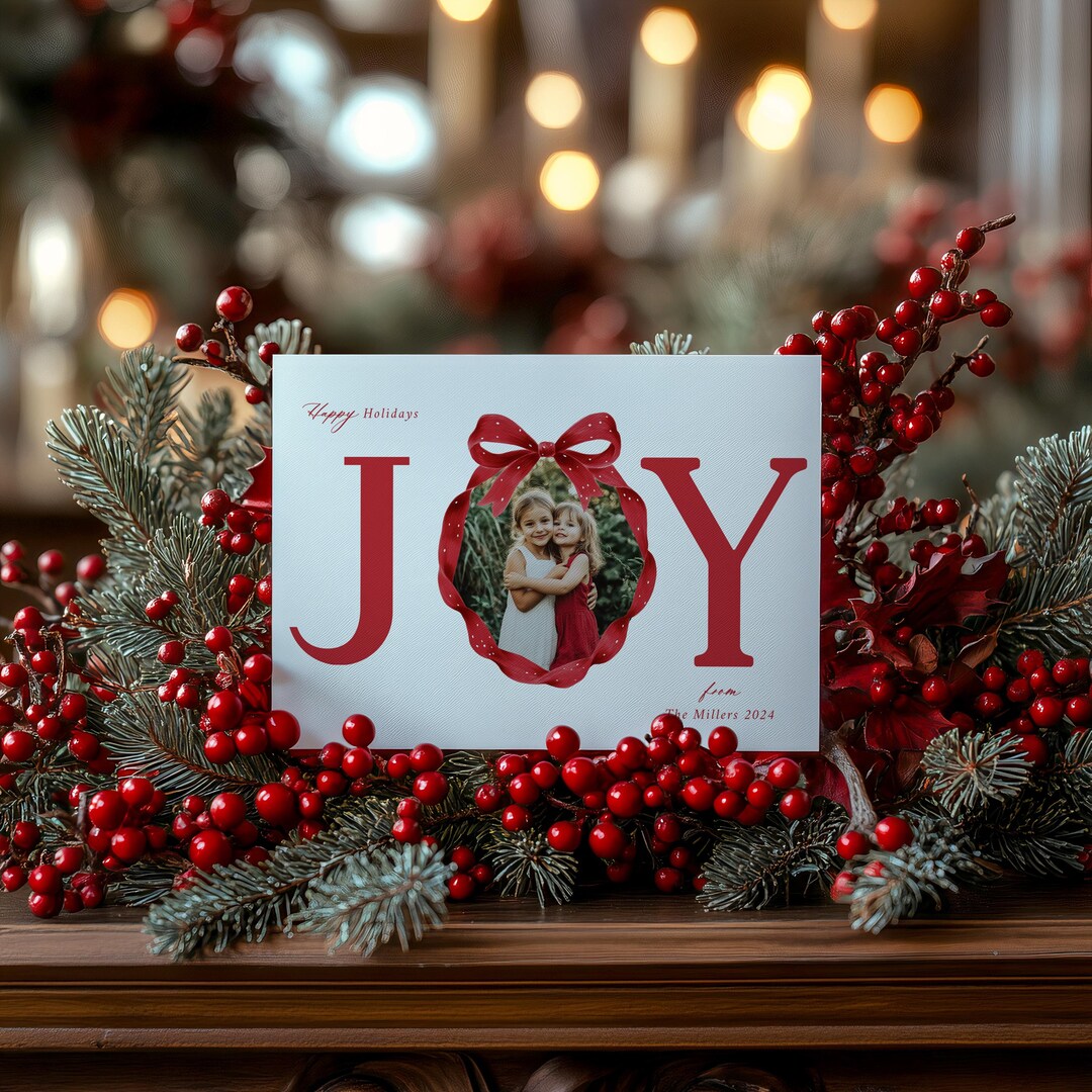 JOY Christmas Card Template | Editable Holiday Photo Card With Red ...