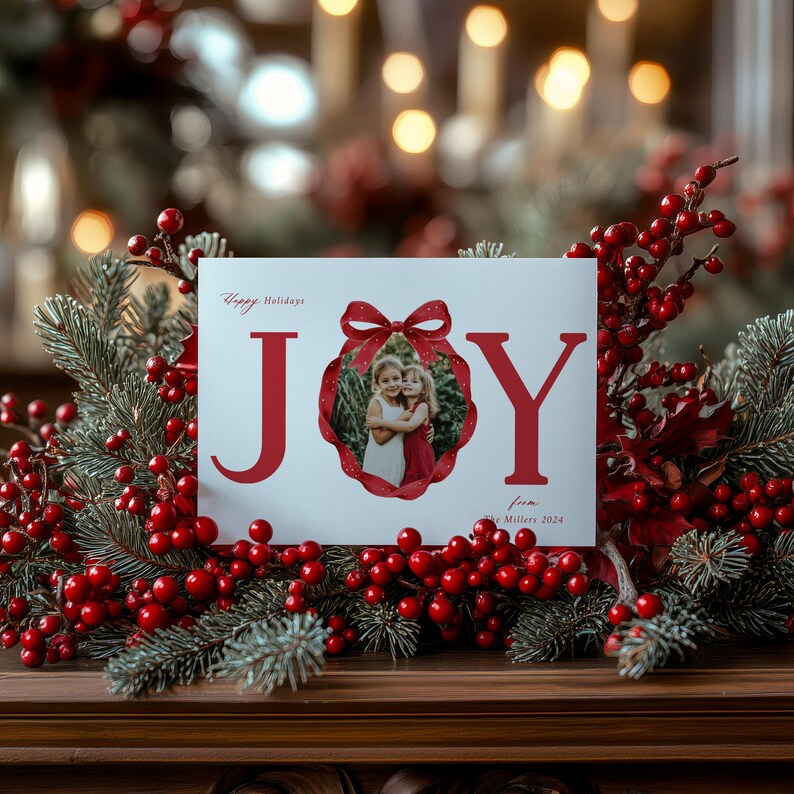 JOY Christmas Card Template | Editable Holiday Photo Card With Red ...