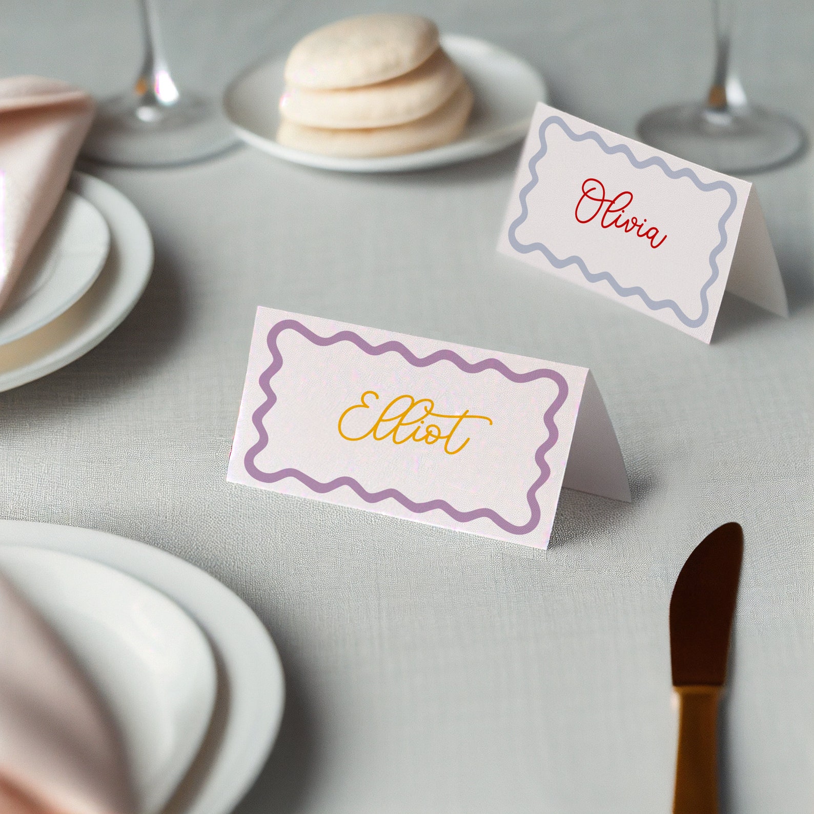 Curvy Place Cards, Colorful Name Cards, Wavy Border, Curvy Invitation ...