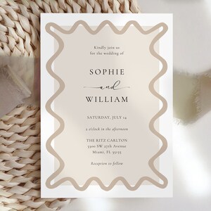 WEDDING INVITATION | Beige Retro Scallop Wavy Edge Invitation Template ...