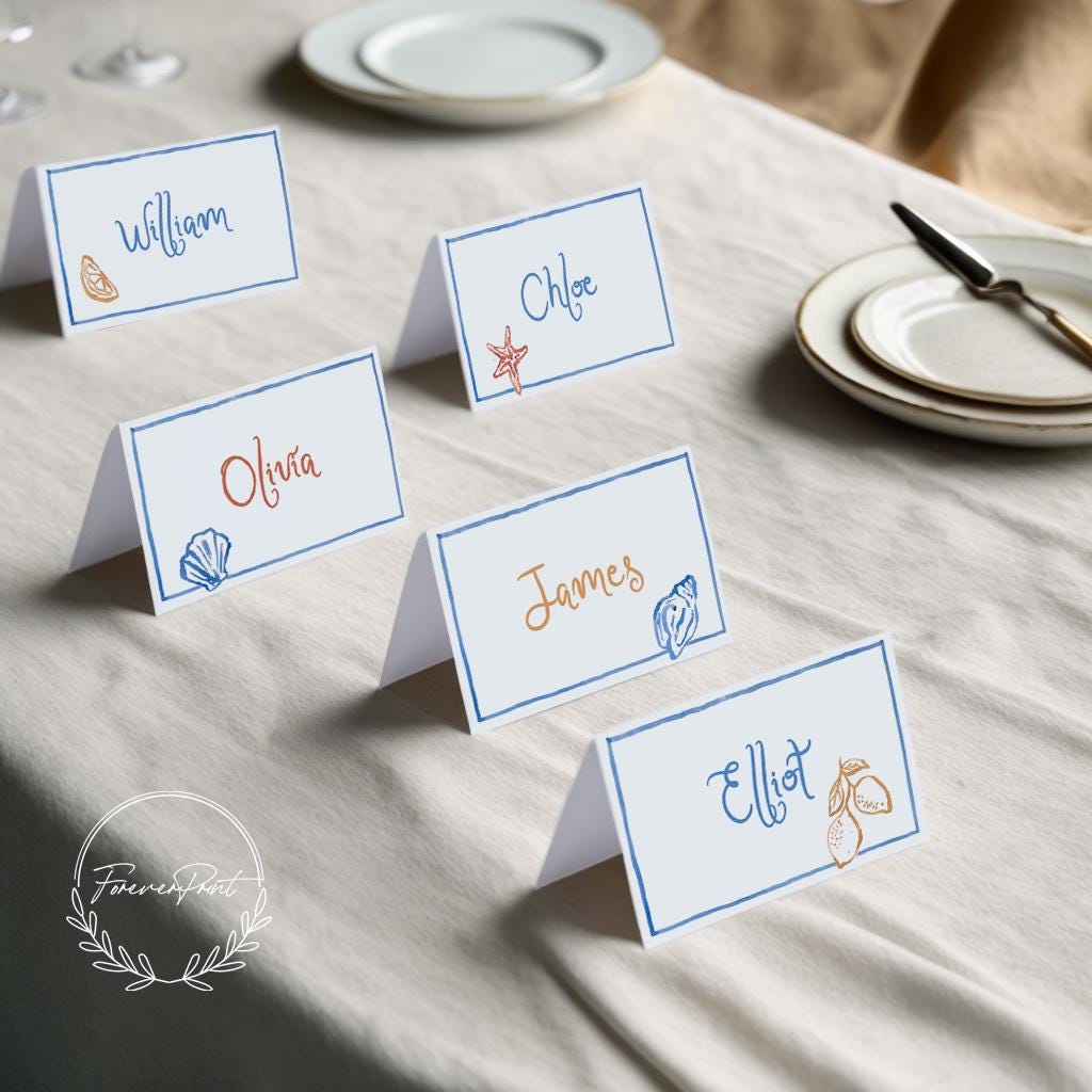 Blue Coastal Place Cards Template, Printable Place Cards, Watercolor ...
