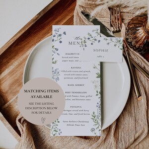 Wildflower Blue Floral Wedding Menu Template - Hand-painted Design for ...