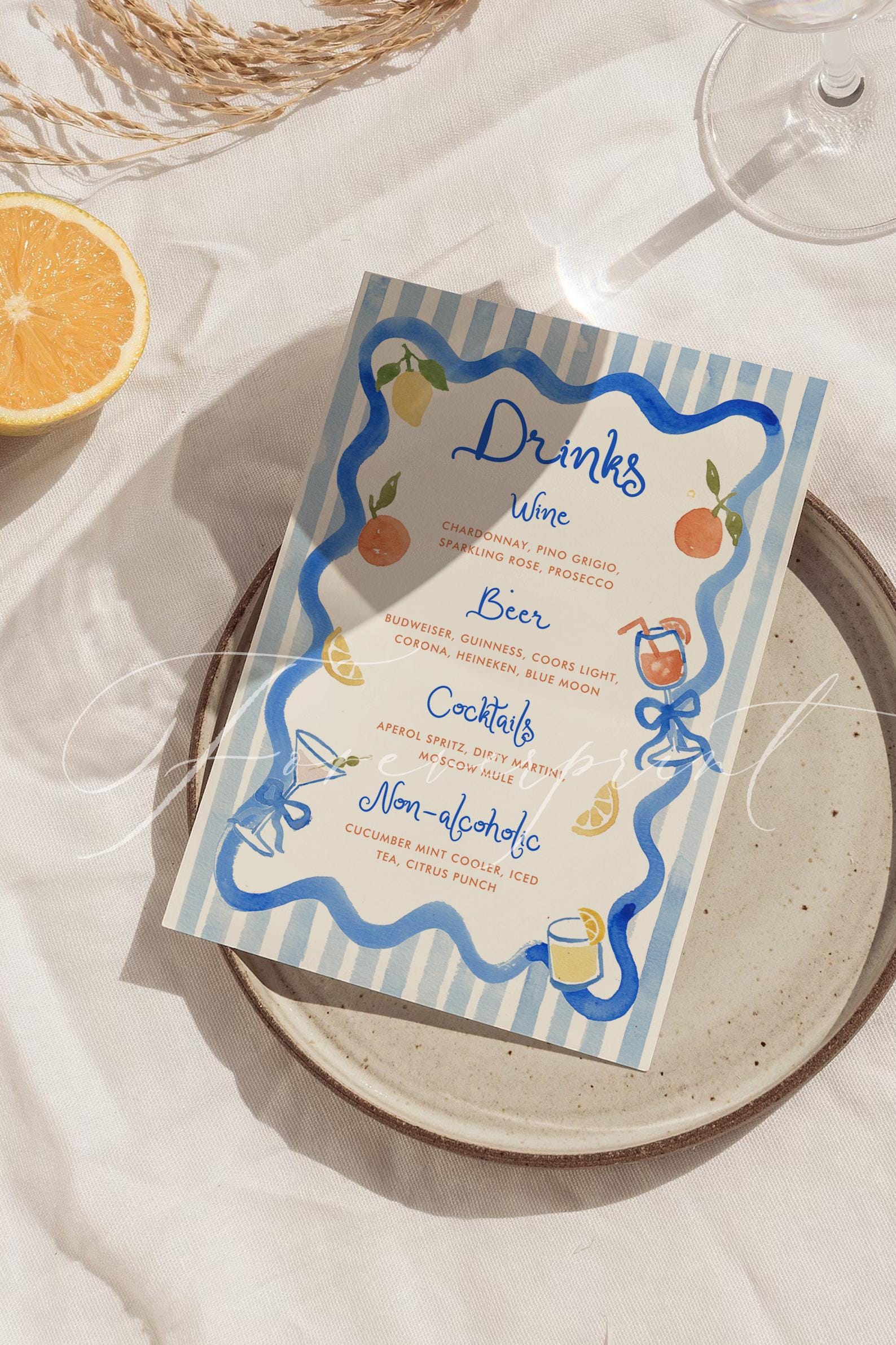 Blue Citrus Wedding Drink Menu Template, Editable Bar Sign, Printable ...