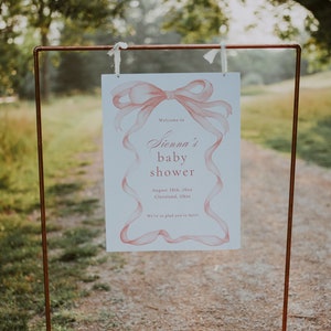 EDITABLE Pink Bow Baby Shower Welcome Sign, Baby Shower Blush Pink ...