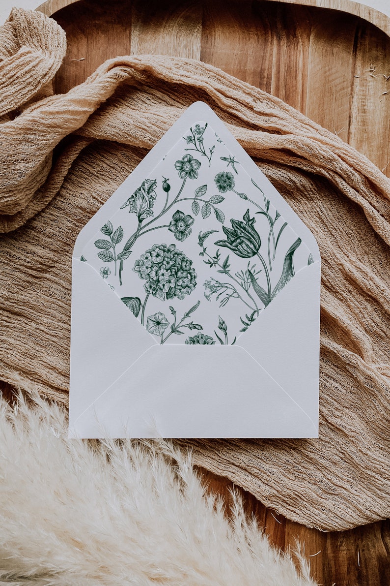 Green Floral Envelope Liner Template, Printable Envelope, A7, Euro Flap ...