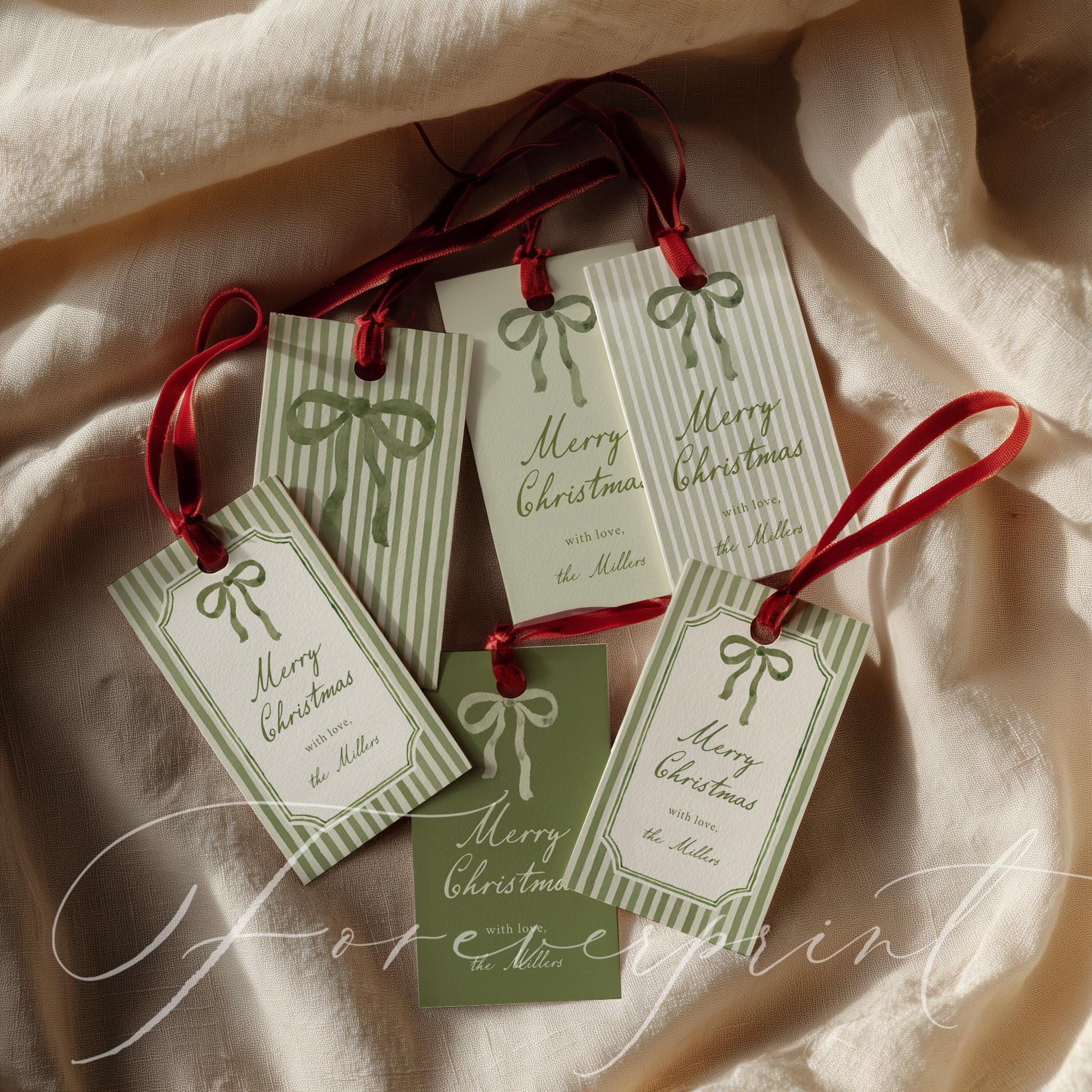Green Stripe Christmas Gift Tag Template – Watercolor Bow Holiday Tag ...