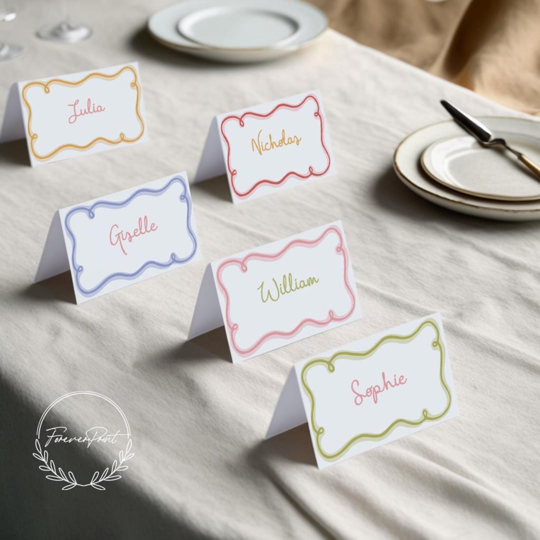 Squiggly Place Cards, Colorful Name Cards, Wavy Border, Curvy Frame ...