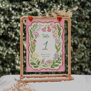 Pink Floral Table Number Template, Hand Drawn, Printable Table Number ...