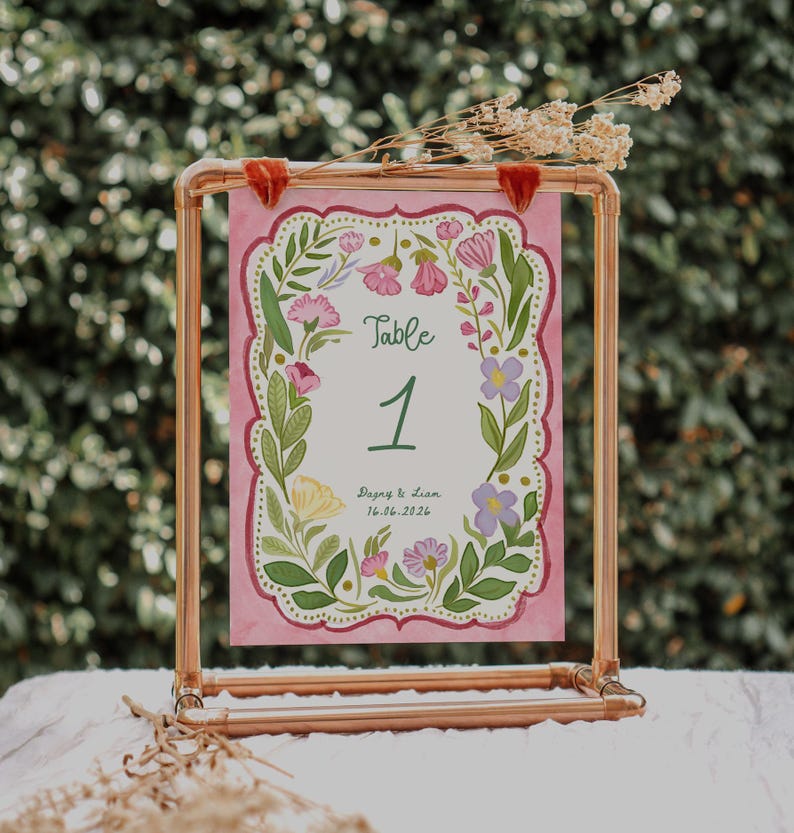 Pink Floral Table Number Template, Hand Drawn, Printable Table Number ...