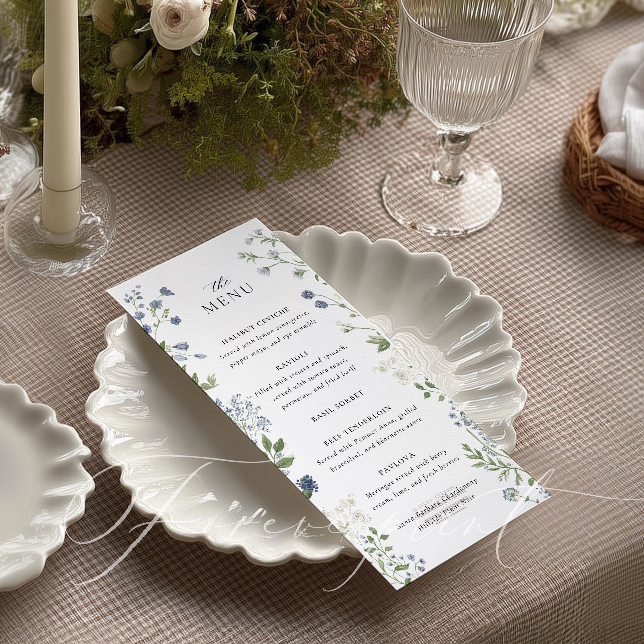 Wildflower Blue Floral Wedding Menu Template - Hand-painted Design for ...