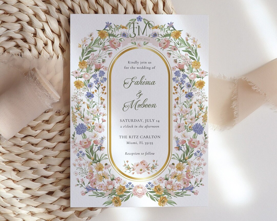 Monogram Wildflower Wedding Invitation Template, Printable Wedding ...