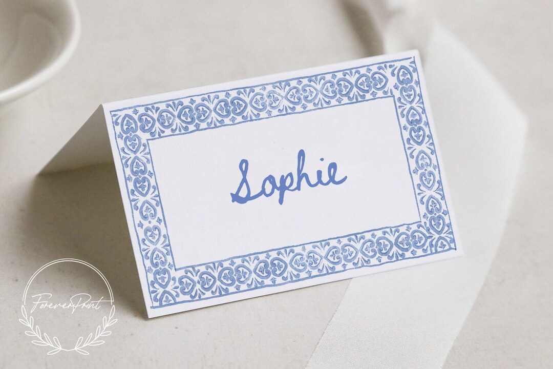 Blue Ornate Border Place Cards Template, Printable Place Cards ...