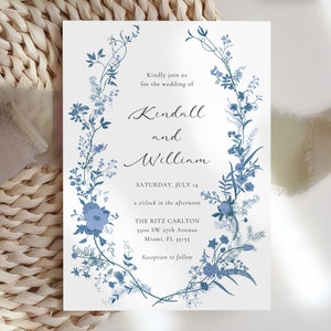 Blue Floral Wedding Invitation Template, Delft Blue Wildflowers Wedding ...