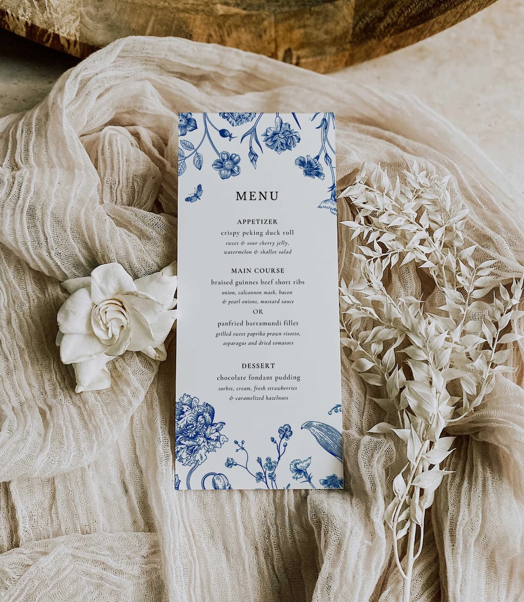 Elegant Blue Floral Wedding Menu Template, Navy Florals, Editable ...