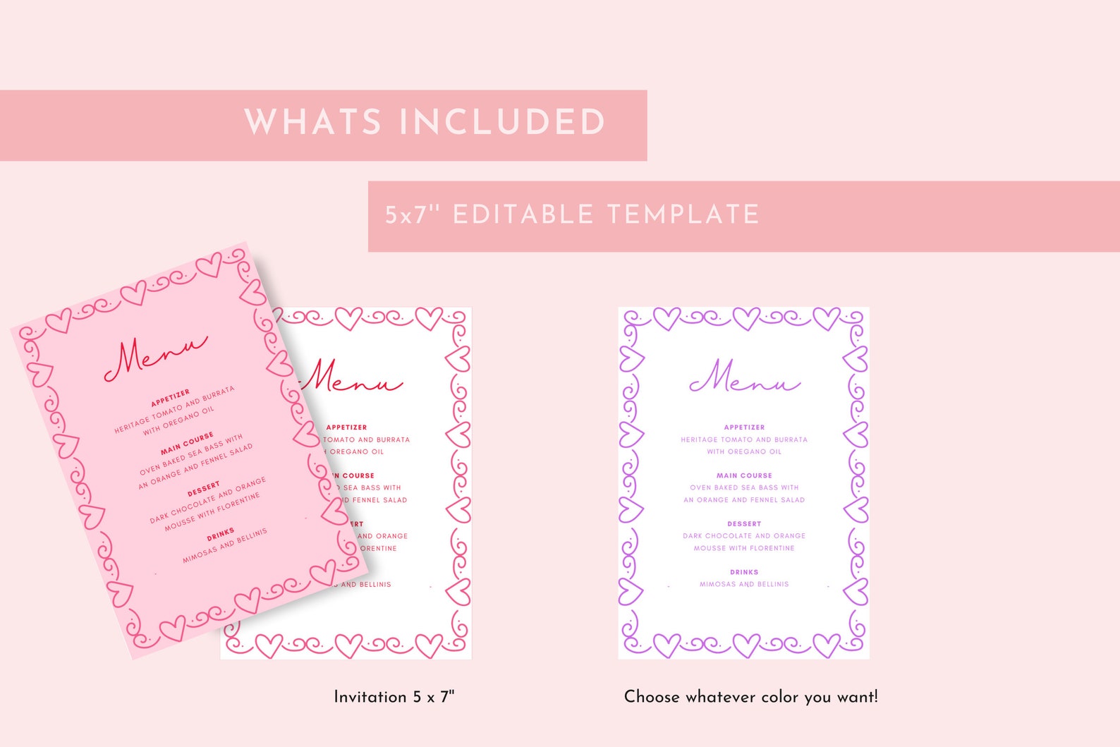HEARTS Menu Editable Template, Printable Dinner Menu Card, Dinner Party ...