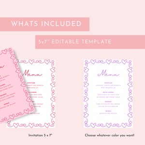 HEARTS Menu Editable Template, Printable Dinner Menu Card, Dinner Party ...