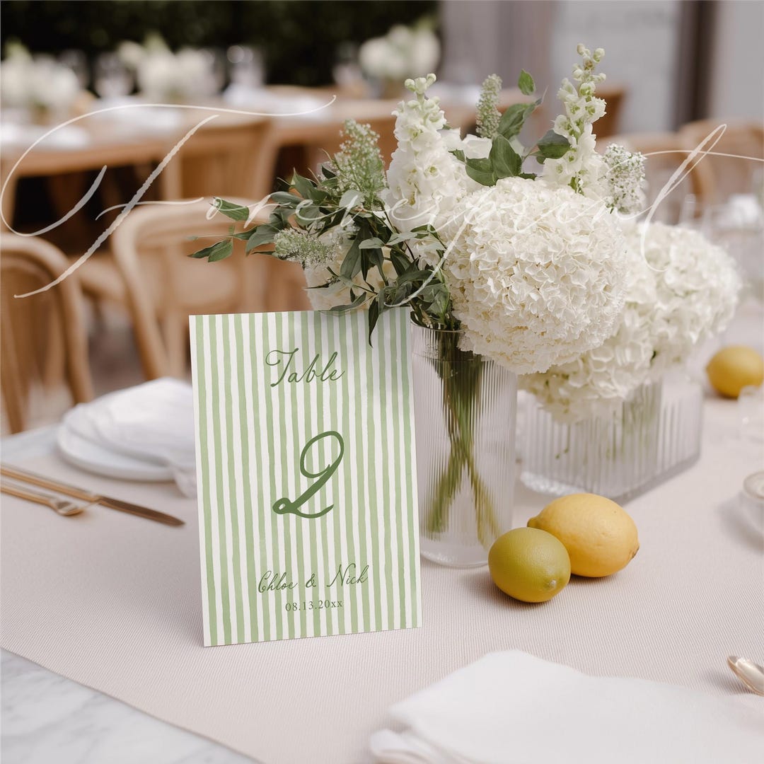 Green Striped Table Number Template, Watercolor, Printable Table Sign ...