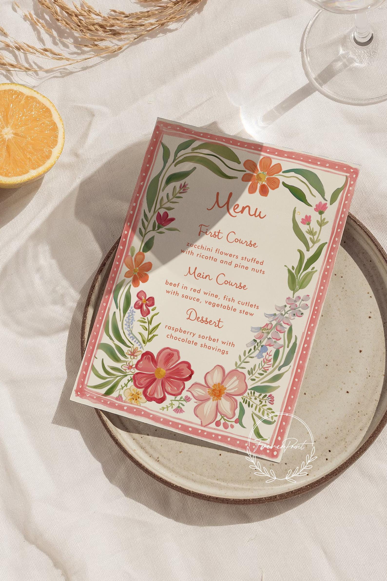 Peach Floral Menu Template, Hand Drawn, Printable Dinner Menu, Editable ...