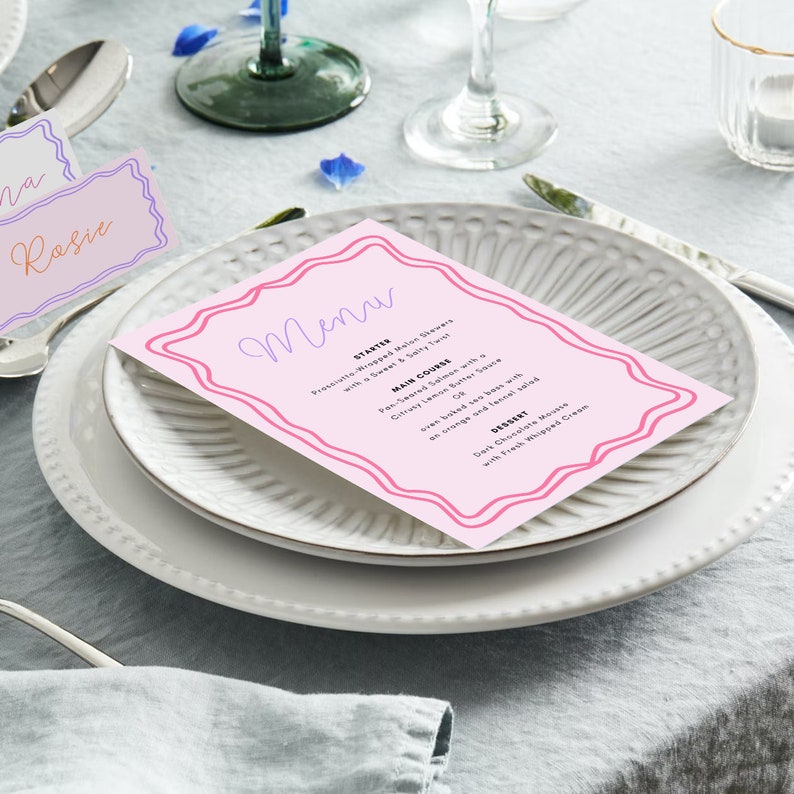 Pink Wavey Menu & Placecard Template Instant Download - Etsy