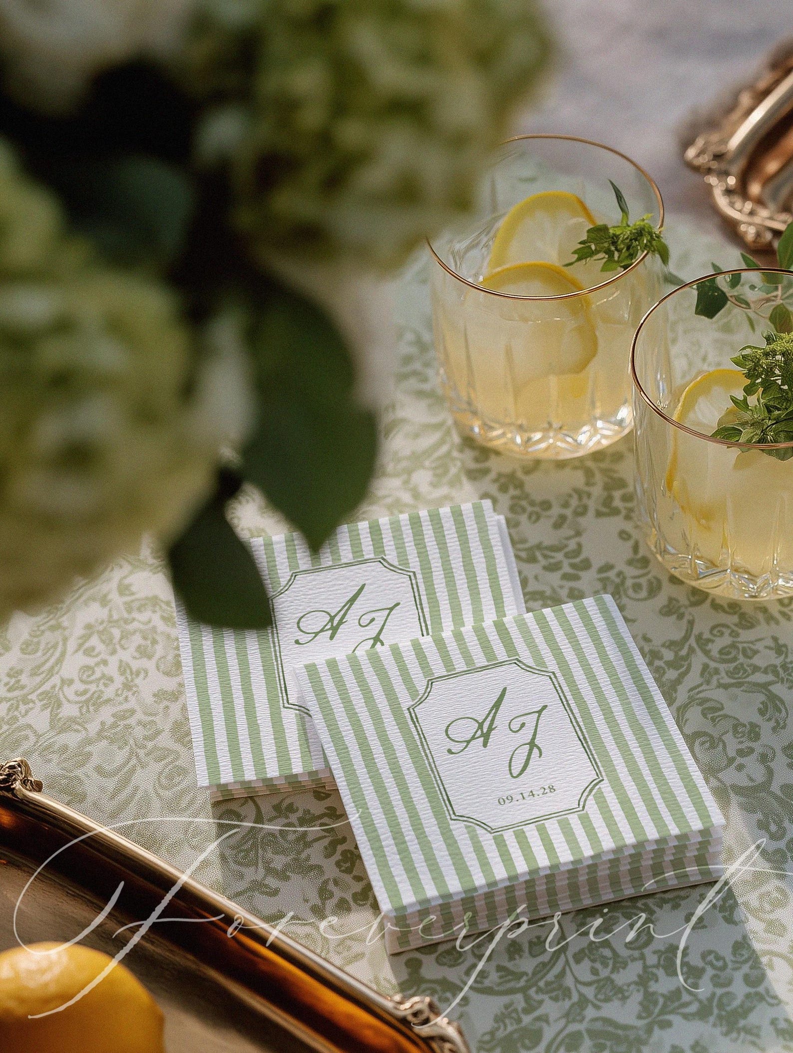 Green Striped Wedding Napkin Template, Editable Monogram, Printable ...
