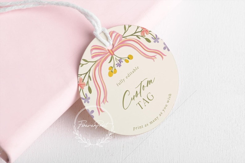 Floral Bow Favor Tag, Modern Round Favor Tag, Circle Favor Tag, Baby ...